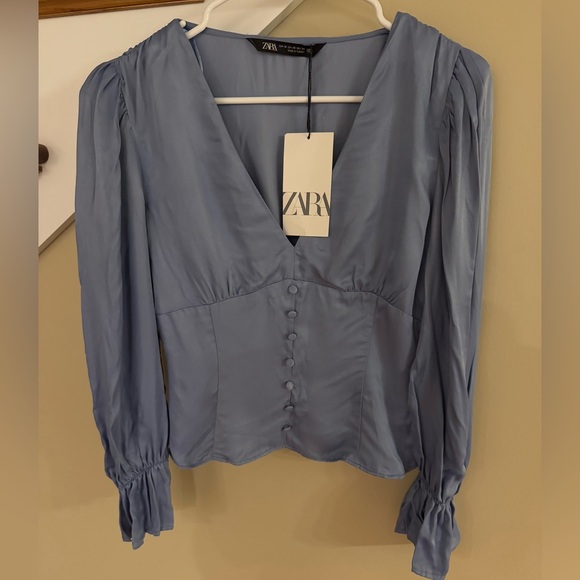 Zara | Tops | Nwt Zara Blue Satin Blouse | Poshmark
